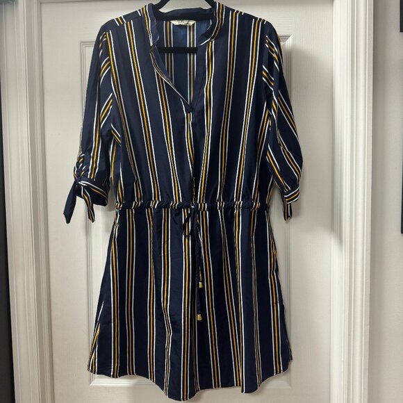 Blush | Dresses | Hint Of Blush Striped Navy Mustard Yellow Drawstring ...